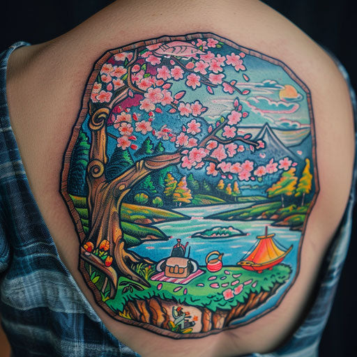 Flat colorful tattoo sketch of a riverside scene with a picnic under ...