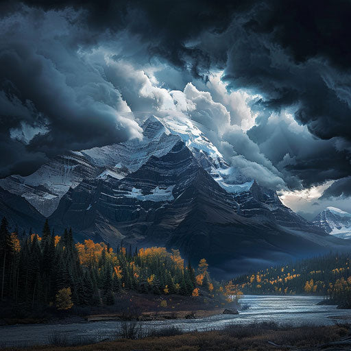 Storm approaching Mount Robson, dramatic lighting with snowy peaks ...