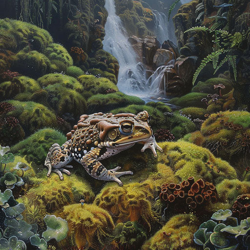 A Western leopard toad in the midst of a carpet of vibrant green moss ...