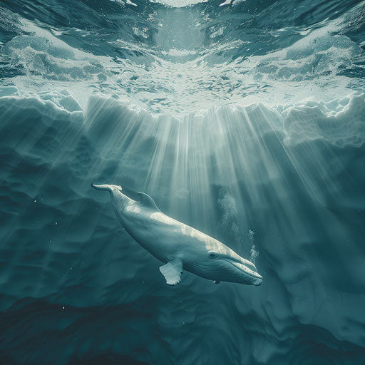 Beluga swimming under a thin layer of ice, surreal view of the ...