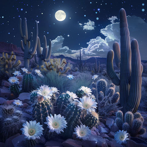 Cacti blooming under moonlight, magical desert scene – IMAGELLA