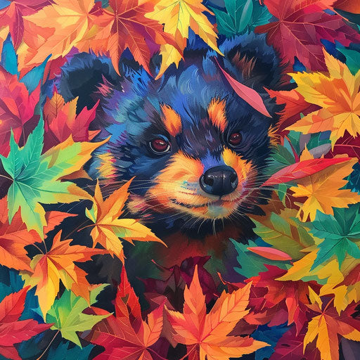 Tanuki among vibrant autumn leaves, colorful and lively – IMAGELLA