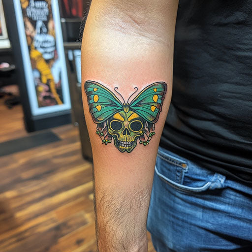 Skull butterfly forearm tattoo with comic book style – IMAGELLA