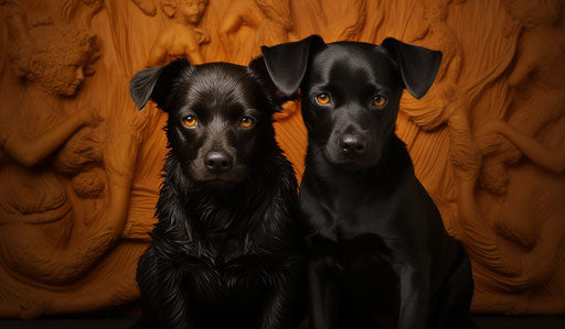 Two puppies, two black dogs, in light orange and light maroon style ...