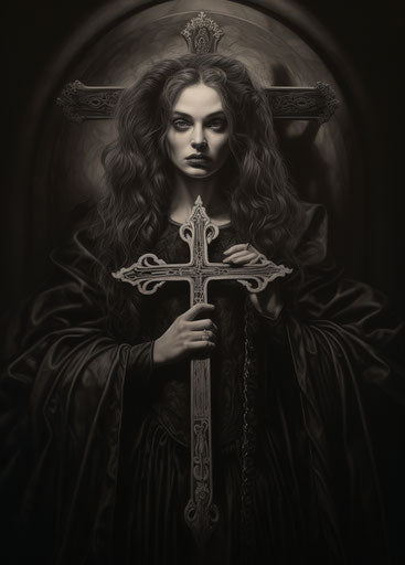 Woman holding a cross, gothic realism art, black and gray – IMAGELLA