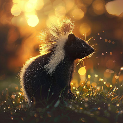 A skunk illuminated by soft morning light with dew on the grass – IMAGELLA