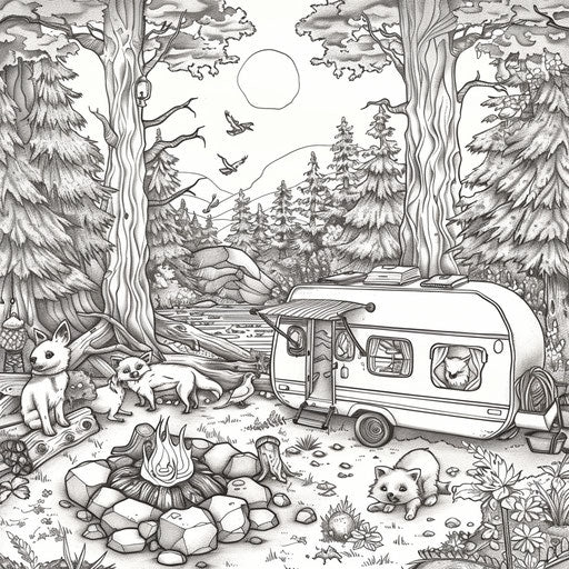 Playful camping scene with cute animals in the style of a Teagan White ...