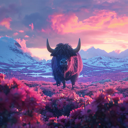 Yak standing in a flower-covered plain at twilight – IMAGELLA