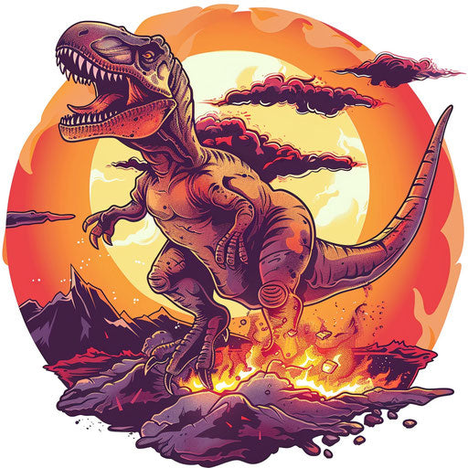Brave depiction of a T-rex on a volcanic scene – IMAGELLA
