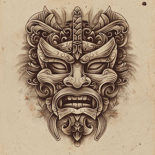 Vintage-style tattoo sketch of a moko design with sepia tones and ...