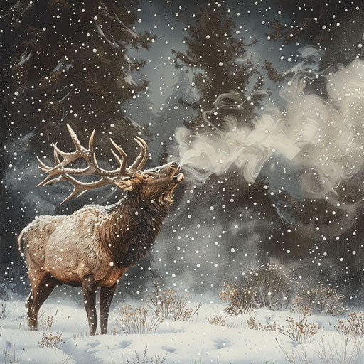 Elk in snowy landscape, breath visible in cold air – IMAGELLA