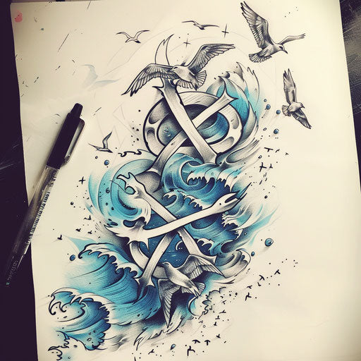 Nautical flat tattoo sketch of a rune with ocean waves and seagulls in ...