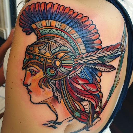 Athena stained glass tattoo style with bold outlines and bright ...