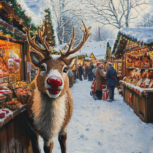 Rudolph playfully hiding among Christmas market stalls – IMAGELLA