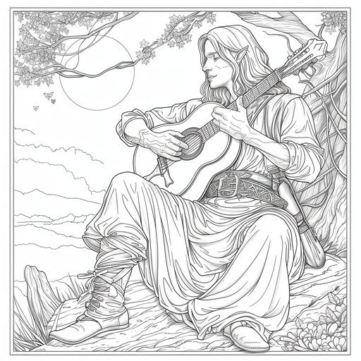 Elf bard playing lute under moon, coloring book page – IMAGELLA
