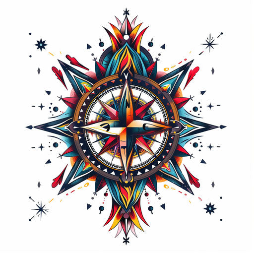 Colorful compass rose with geometric pattern, flat tattoo sketch – IMAGELLA
