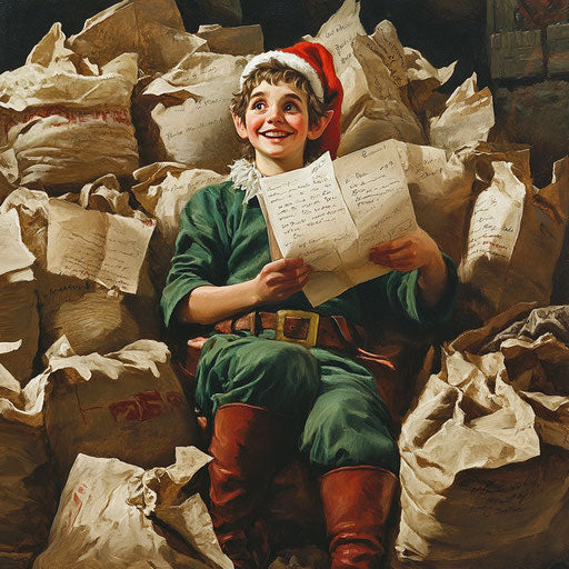 An elf sorting through Christmas letters amid postal sacks – IMAGELLA