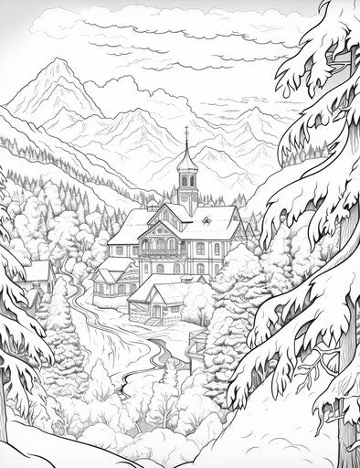 Snowy winter vacation coloring pages, naive art style, accurate ...
