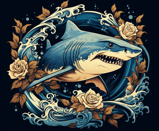 Shark design, traditional animation style, dark cyan and light beige ...