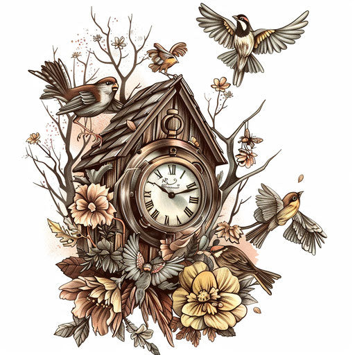 Elegant depiction of cuckoo clock with woodland creatures in earthy ...