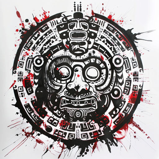 Intricate Mayan glyph tattoo in black and red ink on white canvas ...