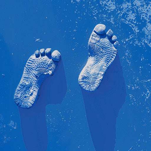 On a flat royal blue background, a realistic footsteps clipart shines ...