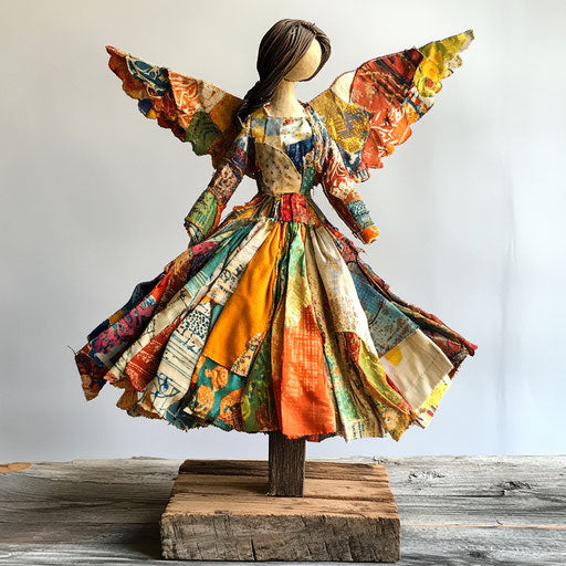 Handcrafted angel from recycled materials on reclaimed wood base – IMAGELLA