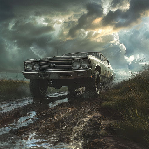 Chevrolet Chevelle SS 1969 on muddy track under stormy sky – IMAGELLA
