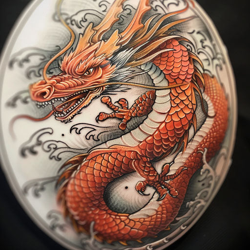 A fierce neo-traditional dragon tattoo, red and gold scales shimmering ...