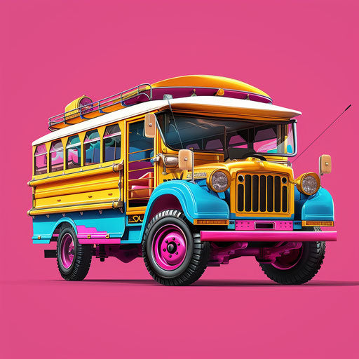 Jeepney on bright magenta background with intense color saturation and ...