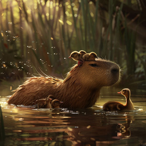 Capybara nadando junto a una familia de patos al estilo de Vincent ...