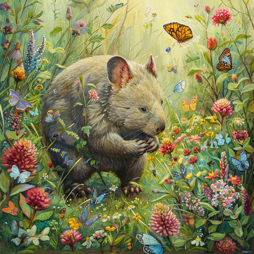 A playful wombat chasing butterflies in a colorful wildflower garden in ...