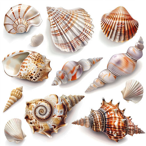 Shells clipart in a photorealistic style on a flat white background ...
