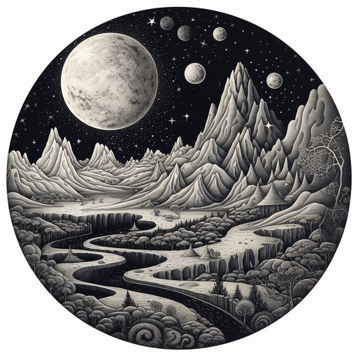 Ink drawing of dark place with mountains and moon – IMAGELLA