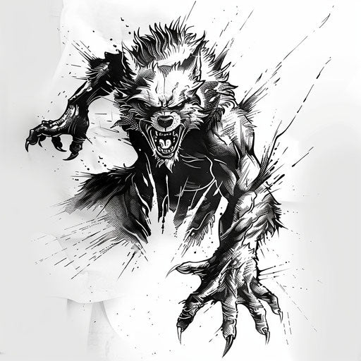 Terrifying werewolf transformation, detailed tattoo design on stark ...