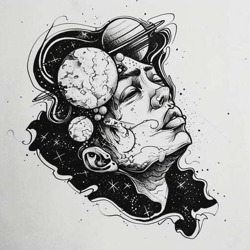 Surreal flat tattoo sketch of a soul floating among celestial bodies in ...