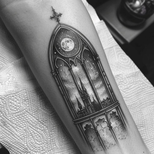 Gothic window framing moonlit night sky in blackwork style – IMAGELLA