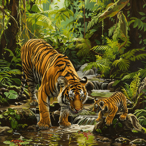Sunda tiger and cub playing by a peaceful jungle stream – IMAGELLA