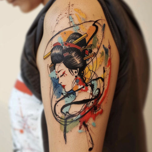 Psychedelic geisha tattoo, swirling colors and abstract forms vividly ...