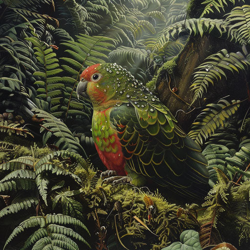 A swift parrot nestled among lush ferns and moss, with droplets of dew ...
