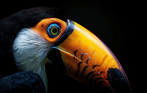 Closeup portrait of toucan face and beak on black background – IMAGELLA