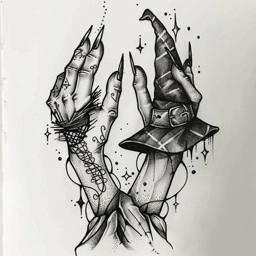 Artistic flat tattoo sketch of a pair of witch's hands conjuring a ...