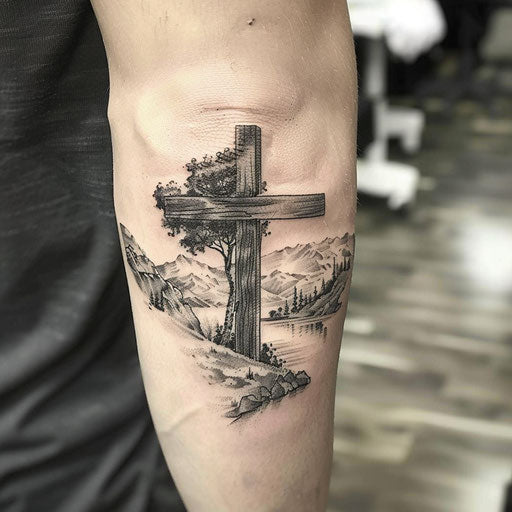 Strength cross tattoo with serene landscape – IMAGELLA