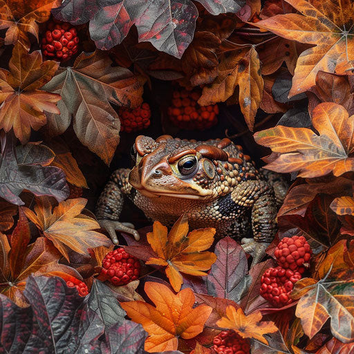 Toad surrounded by vibrant autumn foliage in the style of Marsel van ...