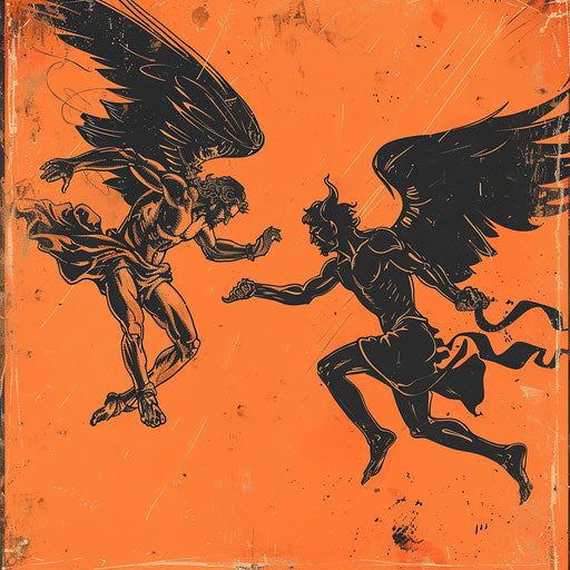 Adventurous flat tattoo sketch of an angel chasing a devil, action ...