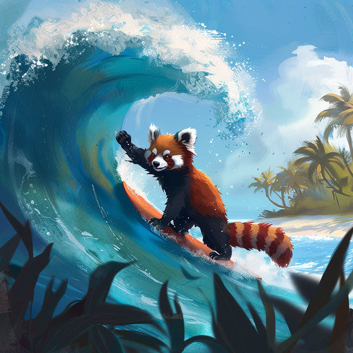 A red panda surfing on massive waves at a tropical beach – IMAGELLA