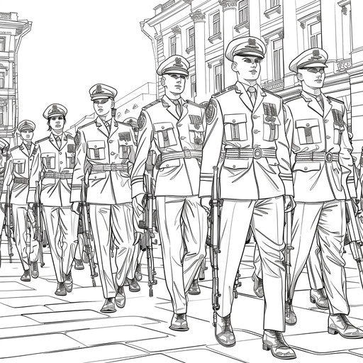 Army parade with detailed uniforms, in the style of Megan Hess ...