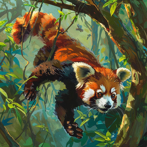 Red panda leaping between branches in vibrant rainforest – IMAGELLA