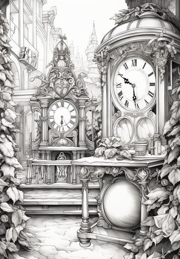 Christmas coloring book, clockpunk style, black and white ink drawings ...