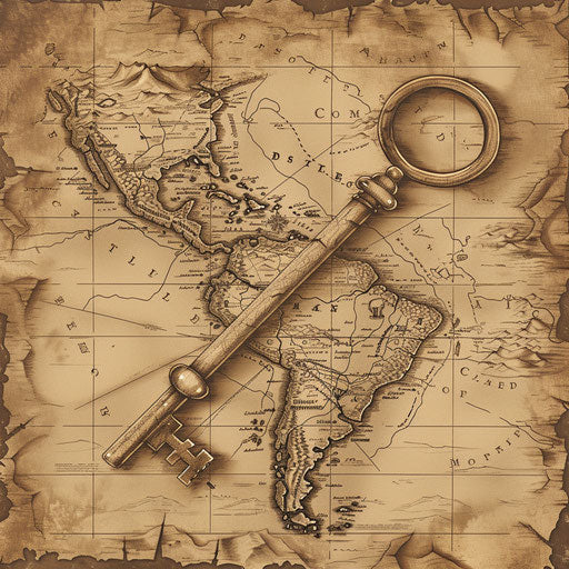 Adventurous tattoo sketch of a treasure key on a map background with ...